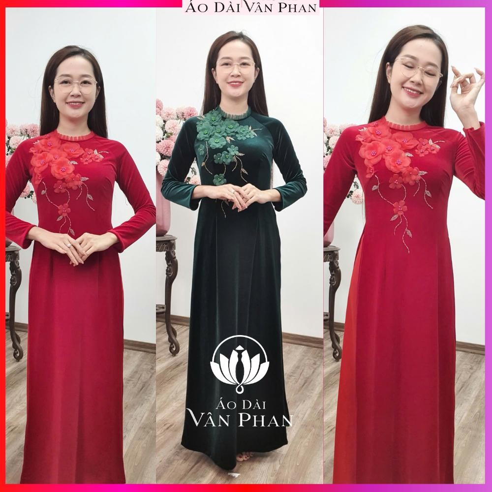 Smooth velvet ao dai with 3p collar and long sleeves (PANT NOT INCLUDED ...