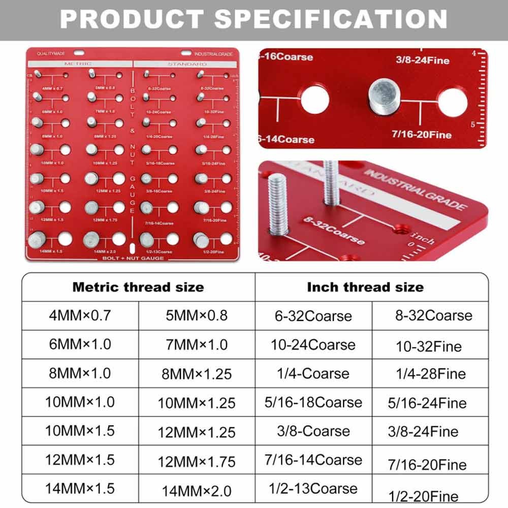 28 Thread Nut Bolt Size Checker Aluminum Alloy Gauge for Metric and ...