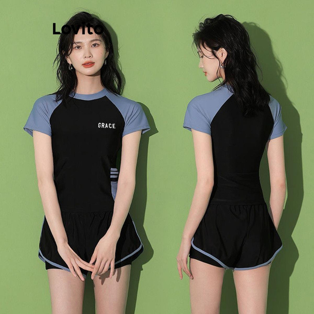 Lovito Casual Plain Colorblock One-Piece Swimsuit for Women LNA53253 ...