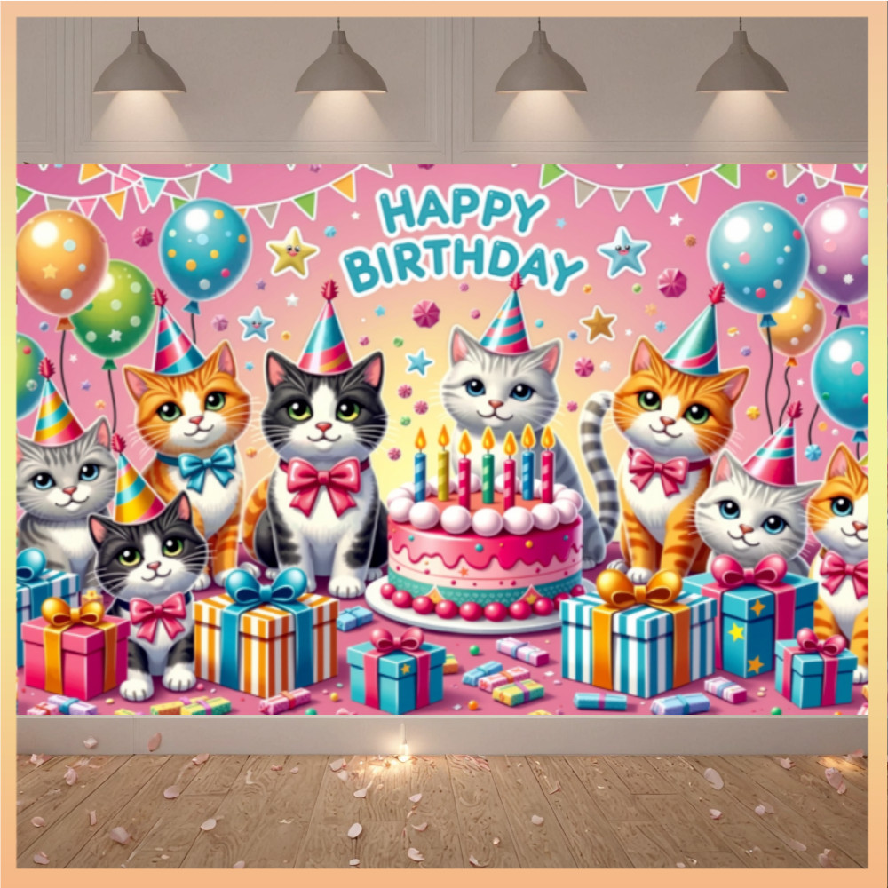 Cat Happy Birthday Backdrop Kitten Photography Background Pet Paw Cat ...