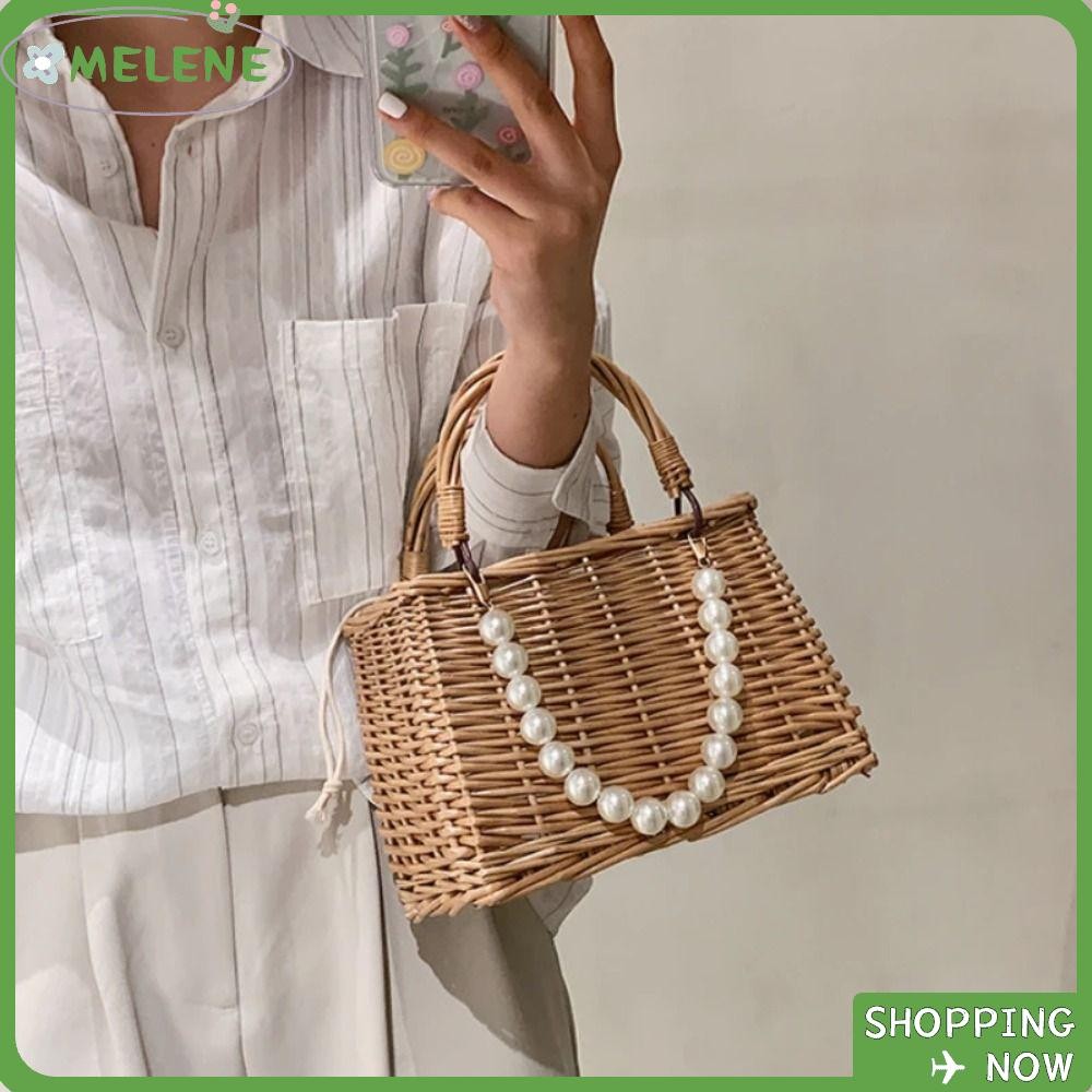 MELENE Beach Ribbons Clutch Bag, Pearl Handle Straw Tote Hand Bags ...