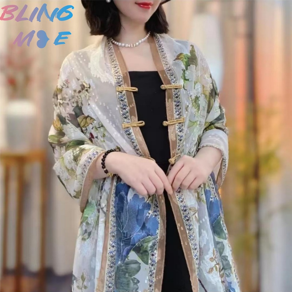 Summer High-End Feeling Buckle Printed Shawl Lady Silk Scarf All-Match ...