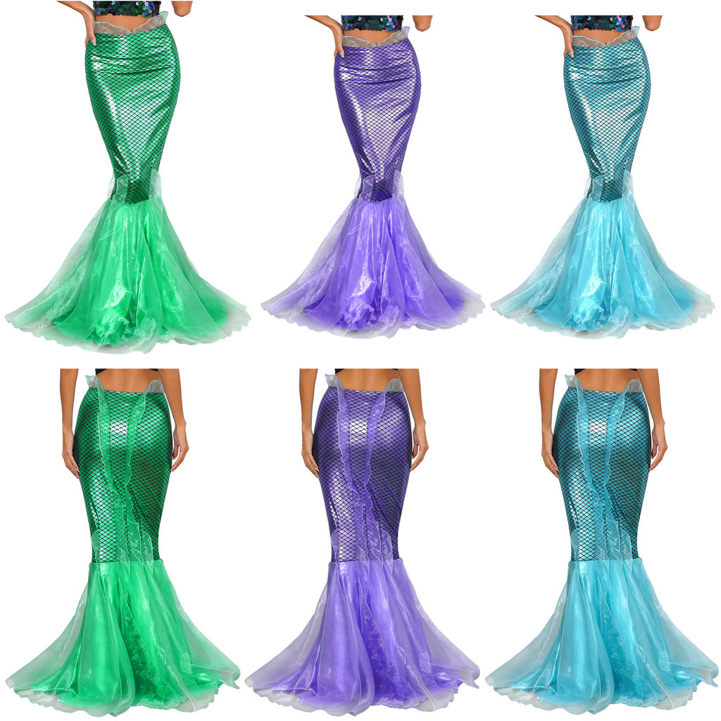 MSemis Womens Halloween Mermaid Maxi Skirt Cascading Tulle Fish Scale ...