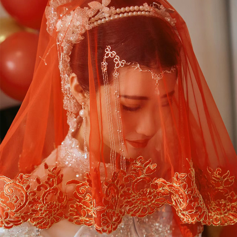 Red Hijab Translucent Lace Embroidered Organza Veil Bridal Hijab ...