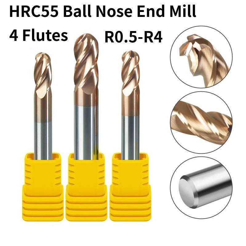 1PC HRC55 Ball Nose End Mill 4 Flutes R0.5-R4 Cutting tools Tungsten ...