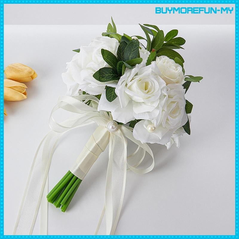 [BuymorefunMY] White Roses Wedding Bouquet Artificial Flowers Silk ...