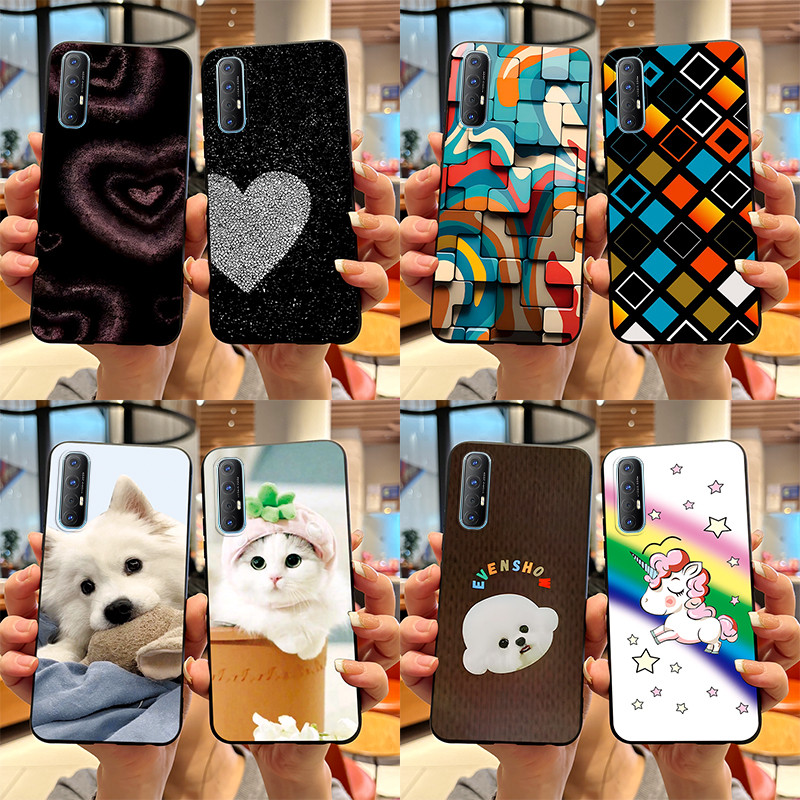 For OPPO Reno3 Pro Case Cool heart Printed Black Matte Soft Silicone ...