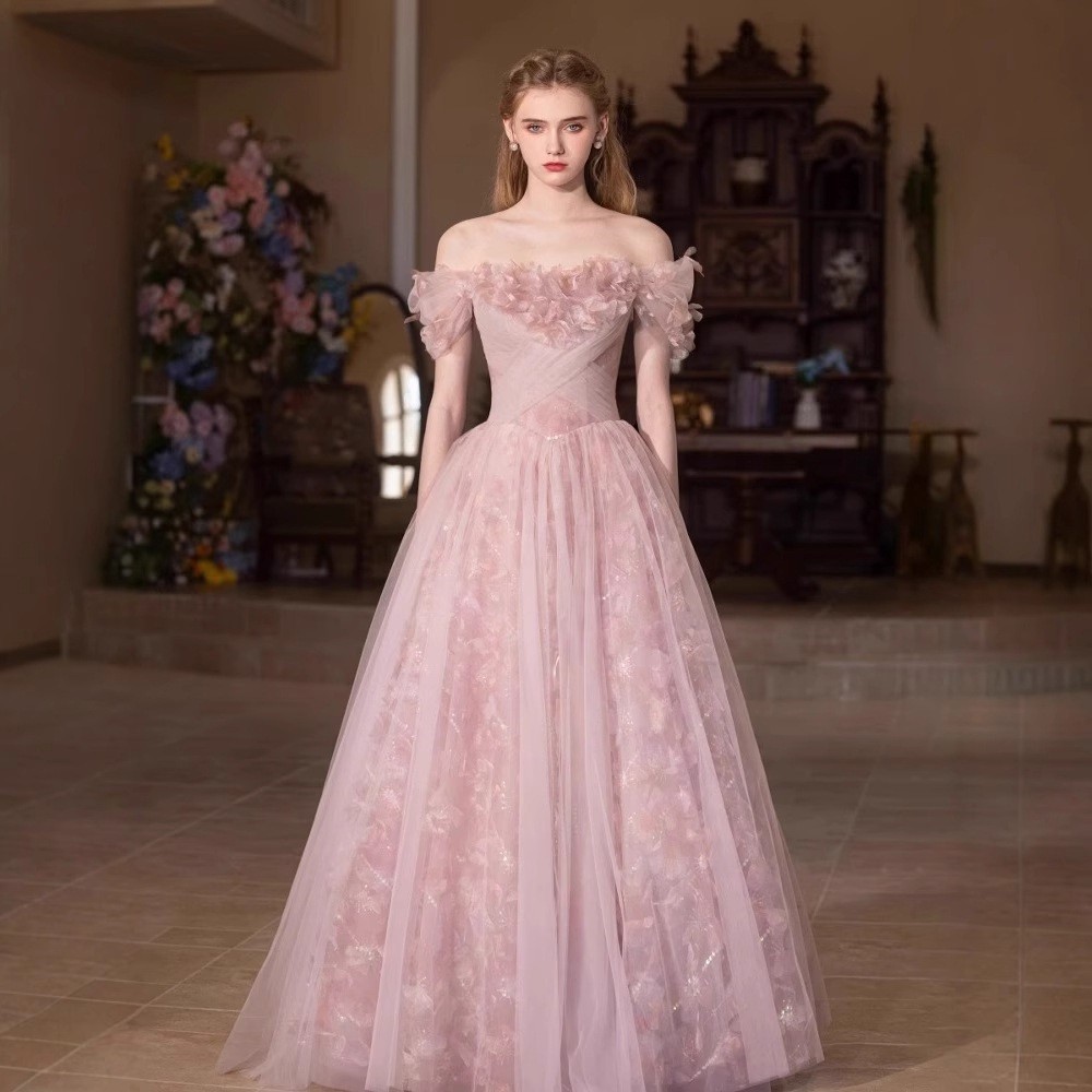 Pink Off-shoulder Evening Dress High-end Student Adult Ceremony Fairy ...