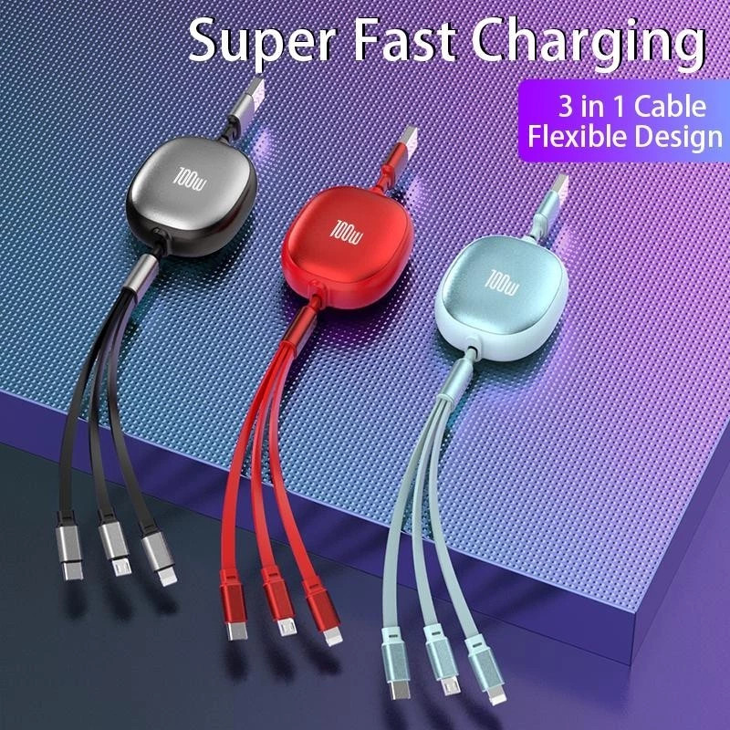 C100W Retractable 3 in 1 Super Fast Charging 100W Type C Micro USB ...
