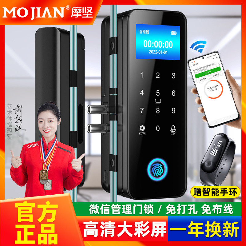 Glass Door Fingerprint Lock Hole-Free Frameless Single Double Door ...