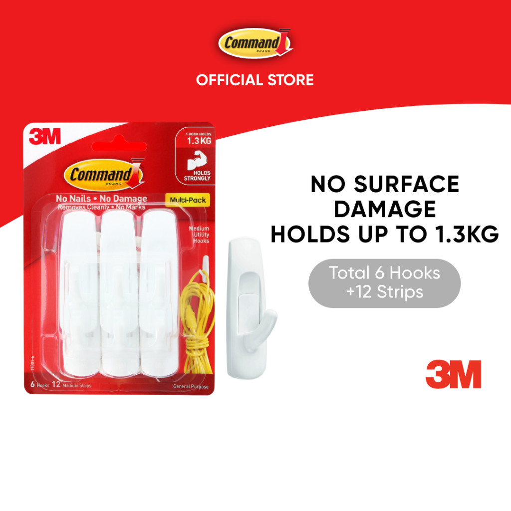 3M™ Command™ Utility Hooks Medium (6 Hooks + 12 Strips/Up to 1.3kg ...