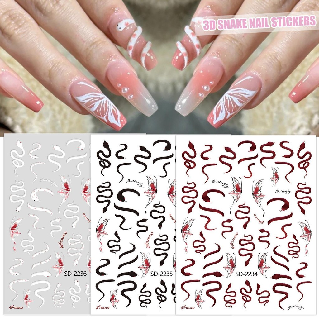 3D Embossed Nail Decals Self-Adhesive Nail Decals with Cartoon Snake ...