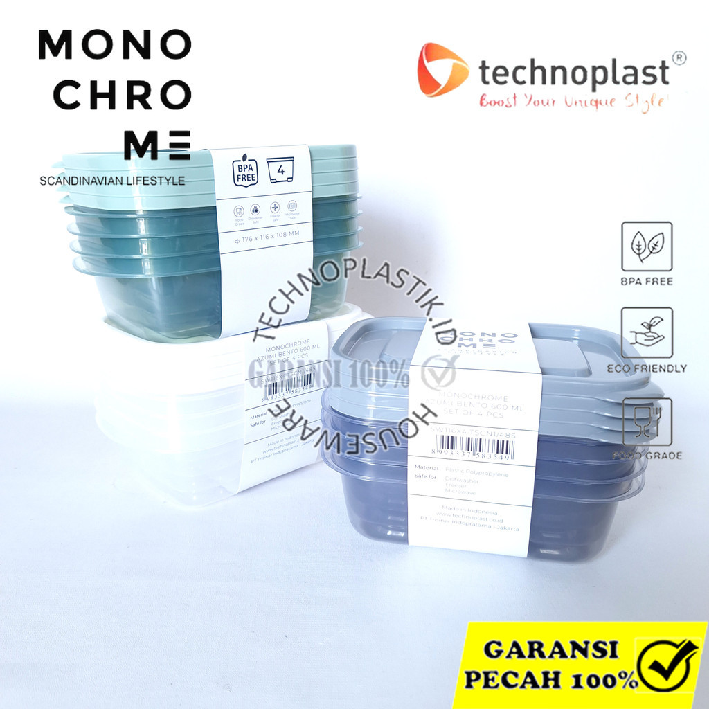 TECHNOPLAST Monochrome New Azumi Set Of 4Pcs Bpa Free Multipurpose Sealware 600Ml | Shopee Malaysia