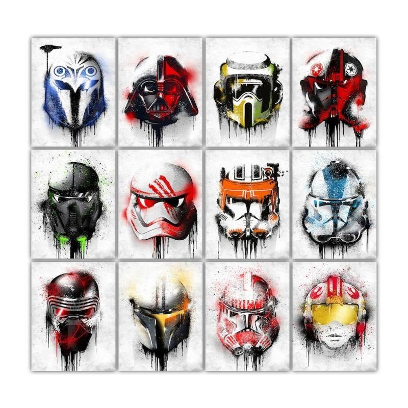 Star Wars Helmet Graffiti Poster Set Luke Darth Vader Kylo Ren Mandalorian Finn Bo Katan Poster ...