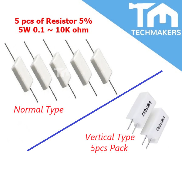 5 pcs of Resistor 5% 5W 0.1 ~ 100K ohm Ceramic Cement Resistance ...