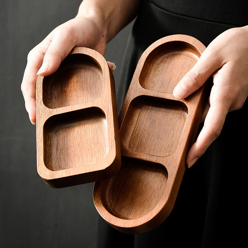 Japanese Dish Acacia Snacks Compartment Three Compartments Solid Wooden ...