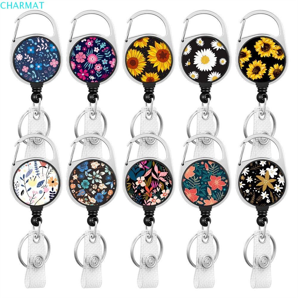 CHARMAT Name Tag Holder Flower Easy Pull Retract Pull Key Chain Student Office Recoil Badge ...