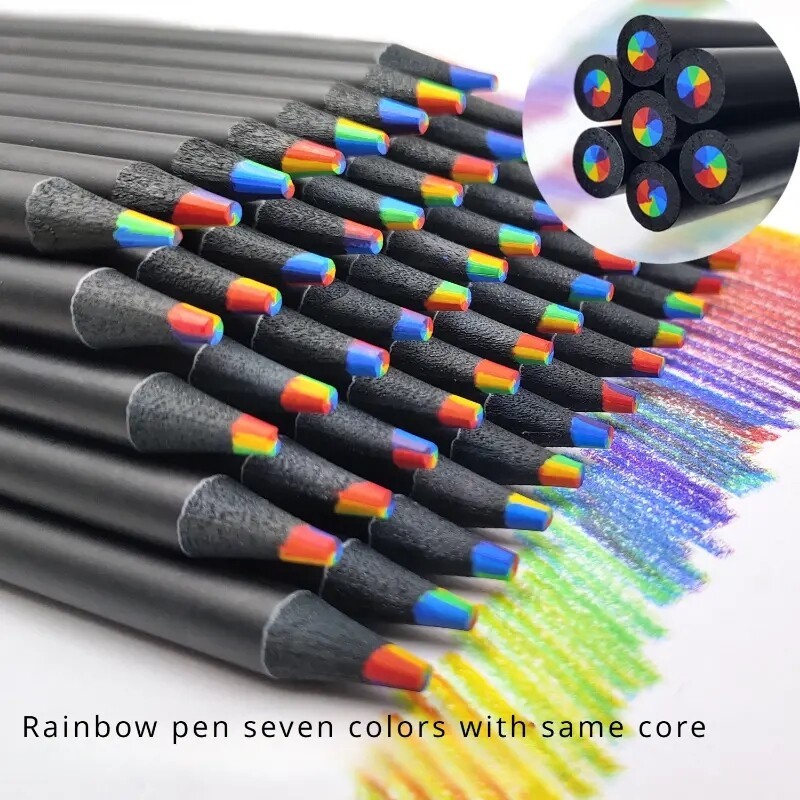 6/12/24/48Pcs Rainbow Colored Pencils Multicolored 7 in 1 Black Wooden ...