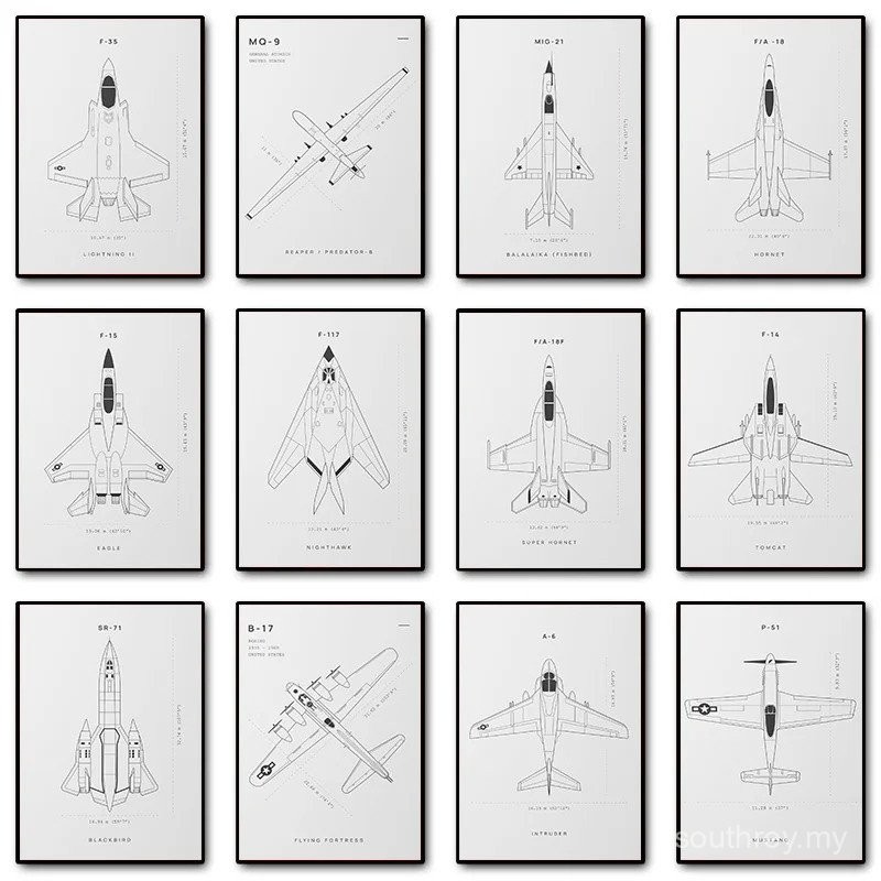 Aircraft Blueprints Fighter Jet Airplane Simple Drawing Poster Print ...
