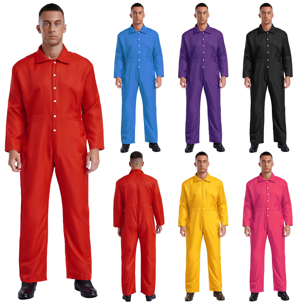 MSemis Mens Wear Resistant Overalls Bodysuit Turn-down Collar Long ...
