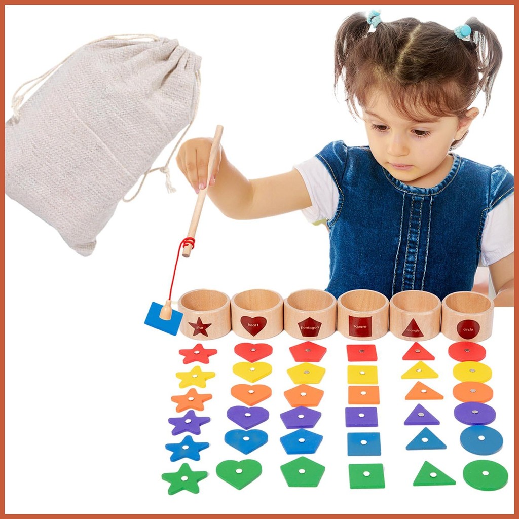 Wooden Magnetic Fishing Toy Matching Puzzle Fishing Game Preschool ...