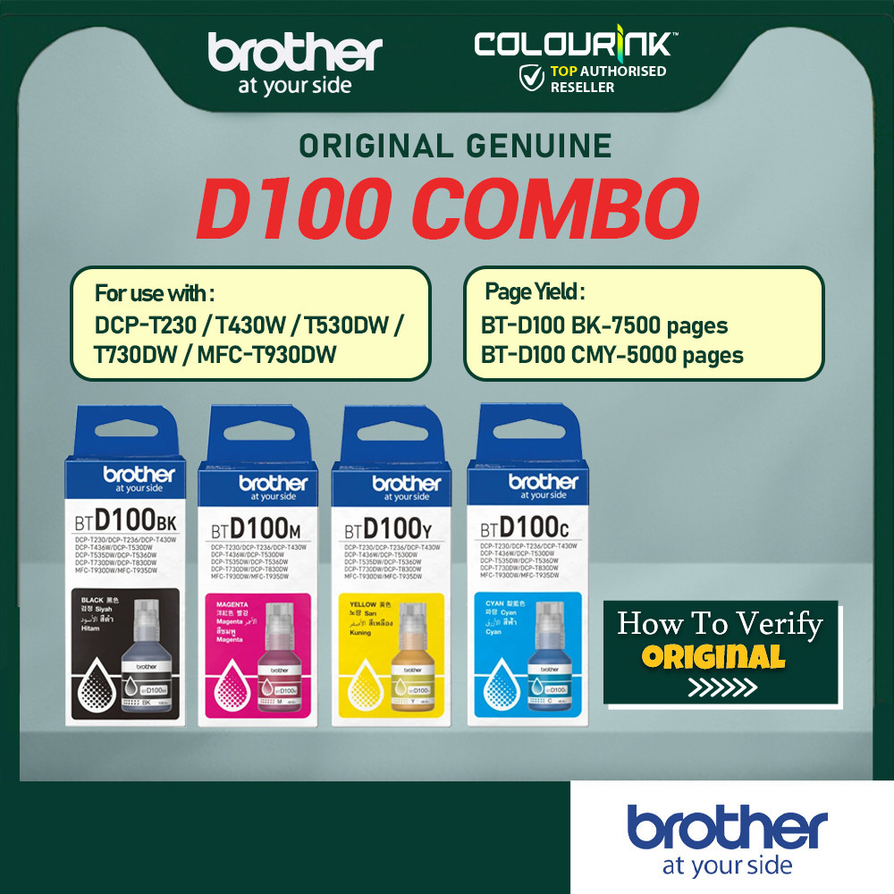 Brother Original D100 Black Cyan Magenta Yellow Refill Ink Bottle for ...