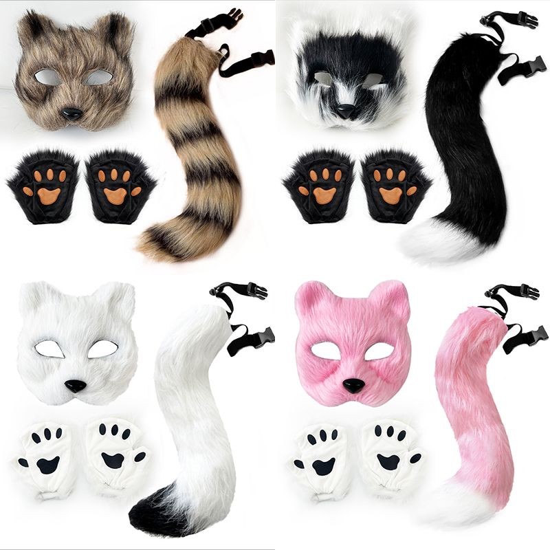 Furry Costume Half-Face Fox Mask with Fox Tail and Paws Gloves Fluffy ...