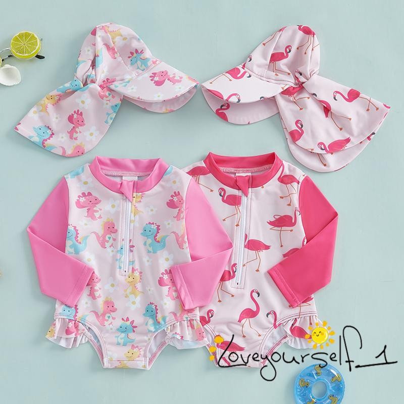 B935G-Toddler Girls Rash Guard Swimsuit Rompers Dinosaur/Flamingo Print Baby Ruffles Bathing ...