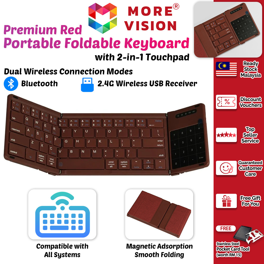 Red Portable Mini folding Wireless Bluetooth 5.1 keyboard with 3 ...