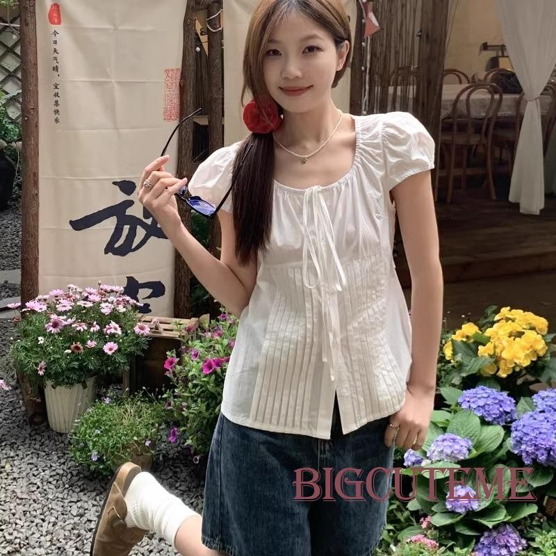 []-Women Round Nech Puff Short Sleeve Button Shirts | Shopee Malaysia