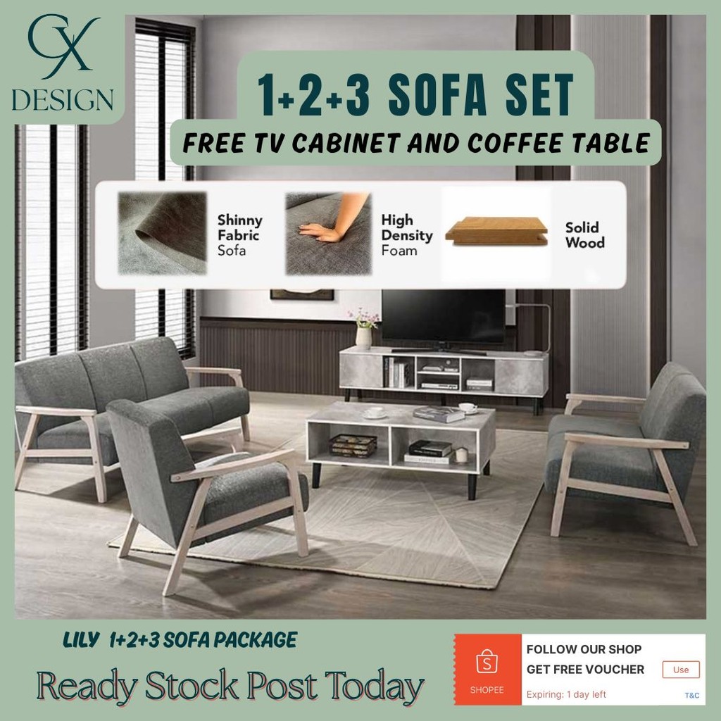 LILY 1+2+3 Muji Wooded Sofa Set FREE TV Console FREE Coffee Table ...