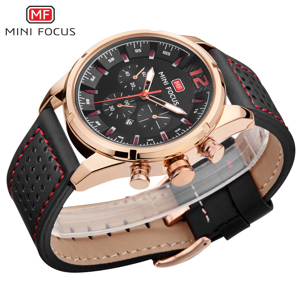 Minifocus Calendar Luminous Waterproof Genuine Leather Strap Fake Three Eyes Men Quartz Watch ...