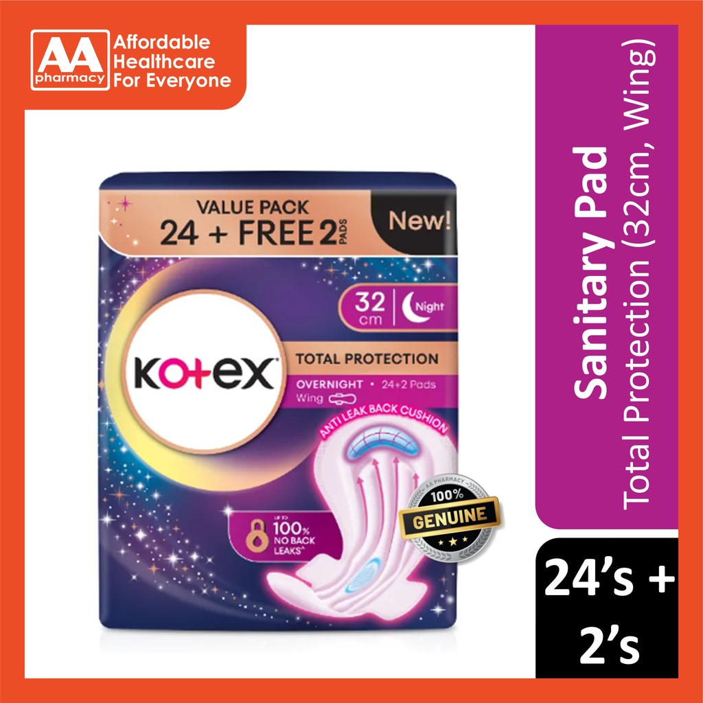 Kotex Pads (Total Protection Overnight, Wing, 32cm) 24's+2's [Night Use] | Shopee Malaysia