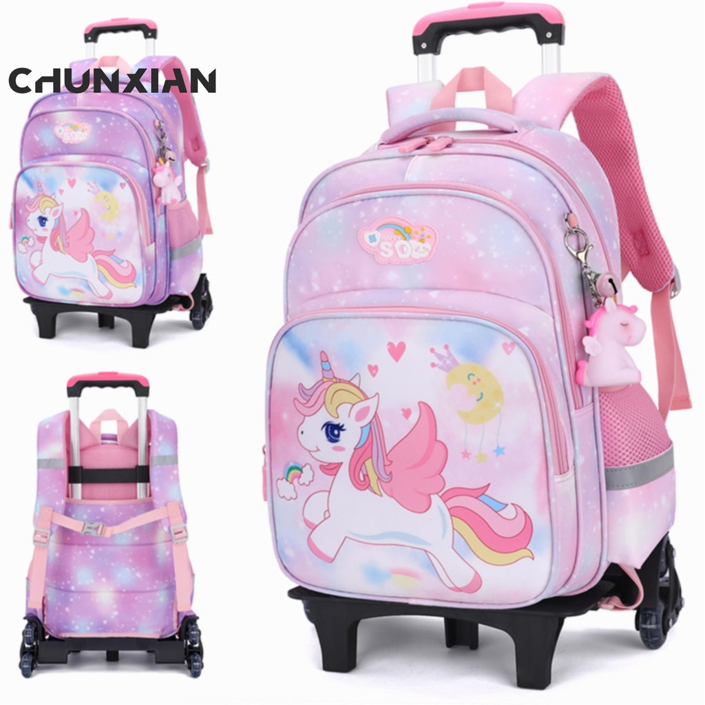 Beg Sekolah Troli 2/6 Roda Kids Rolling Unicorn Backpacks Kids Wheeled ...