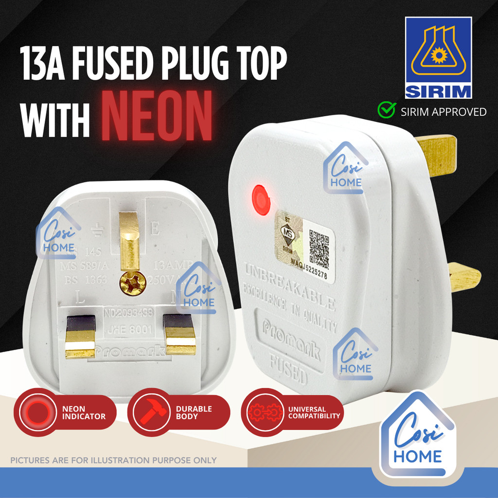 [SIRIM] Neon 13A 3 Pin Plug Top Fused Plug Kepala Plug Suis Elektrik ...