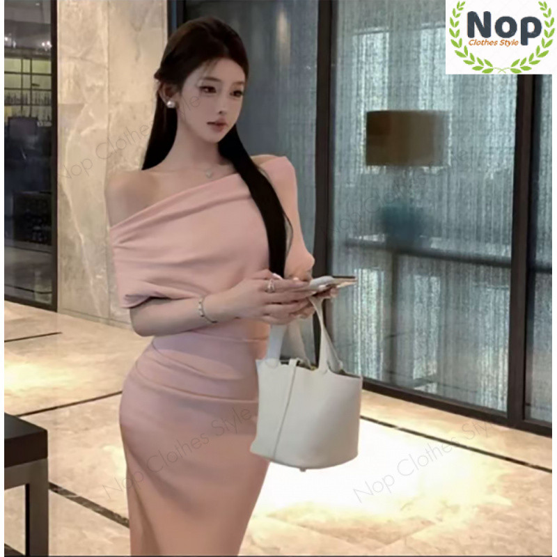Nop | French Oblique Shoulder Sexy Long Dress Female Temperament Narrow ...