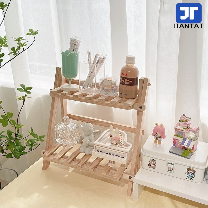 Folding Wooden Tray Wooden Display Rack Double Layer Wooden Shelf Stand ...