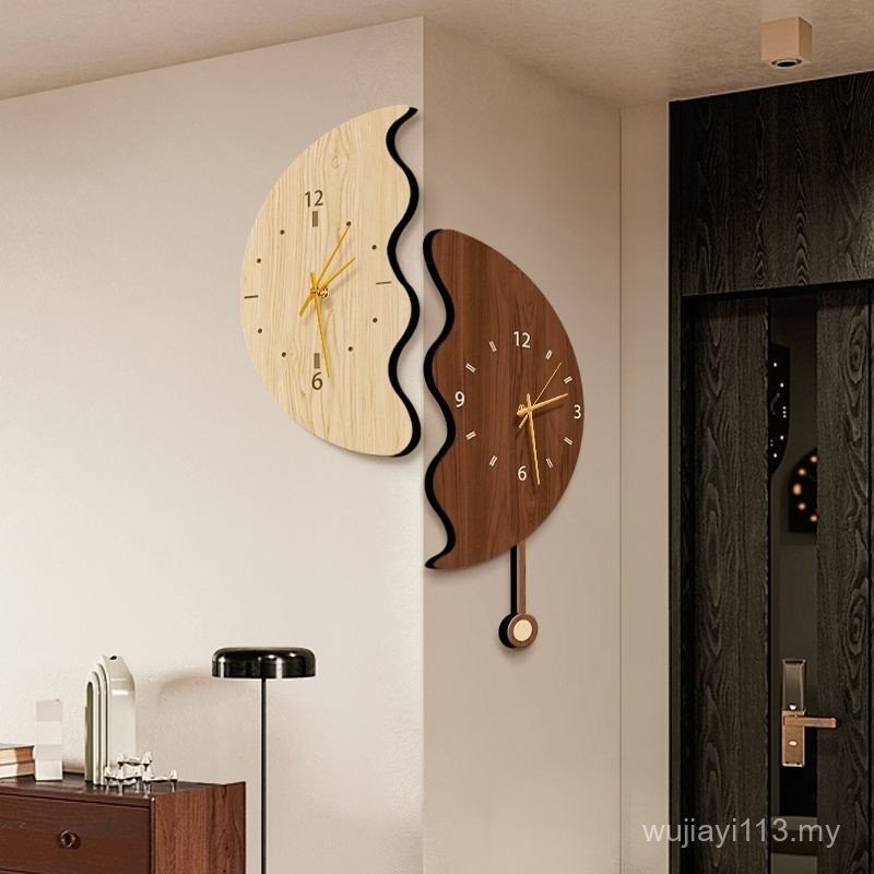Log Style Corner Wall Clock Living Room Double-Sided Corner Clock Wall ...