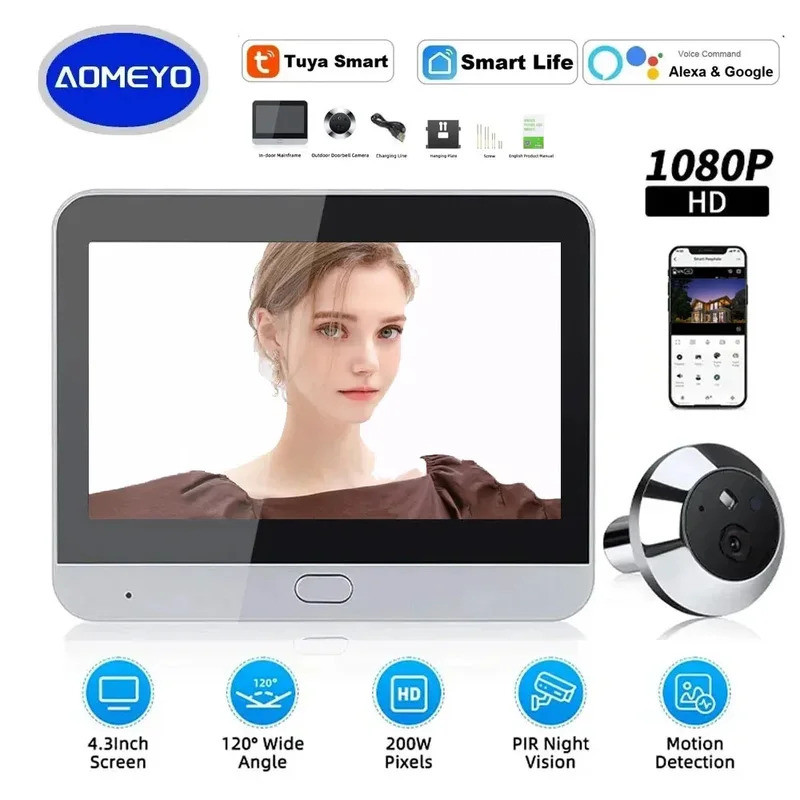 Tuya 4.3 Inch WiFi Peephole Tuya Smart 1080P WiFi Peephole Video Camera ...