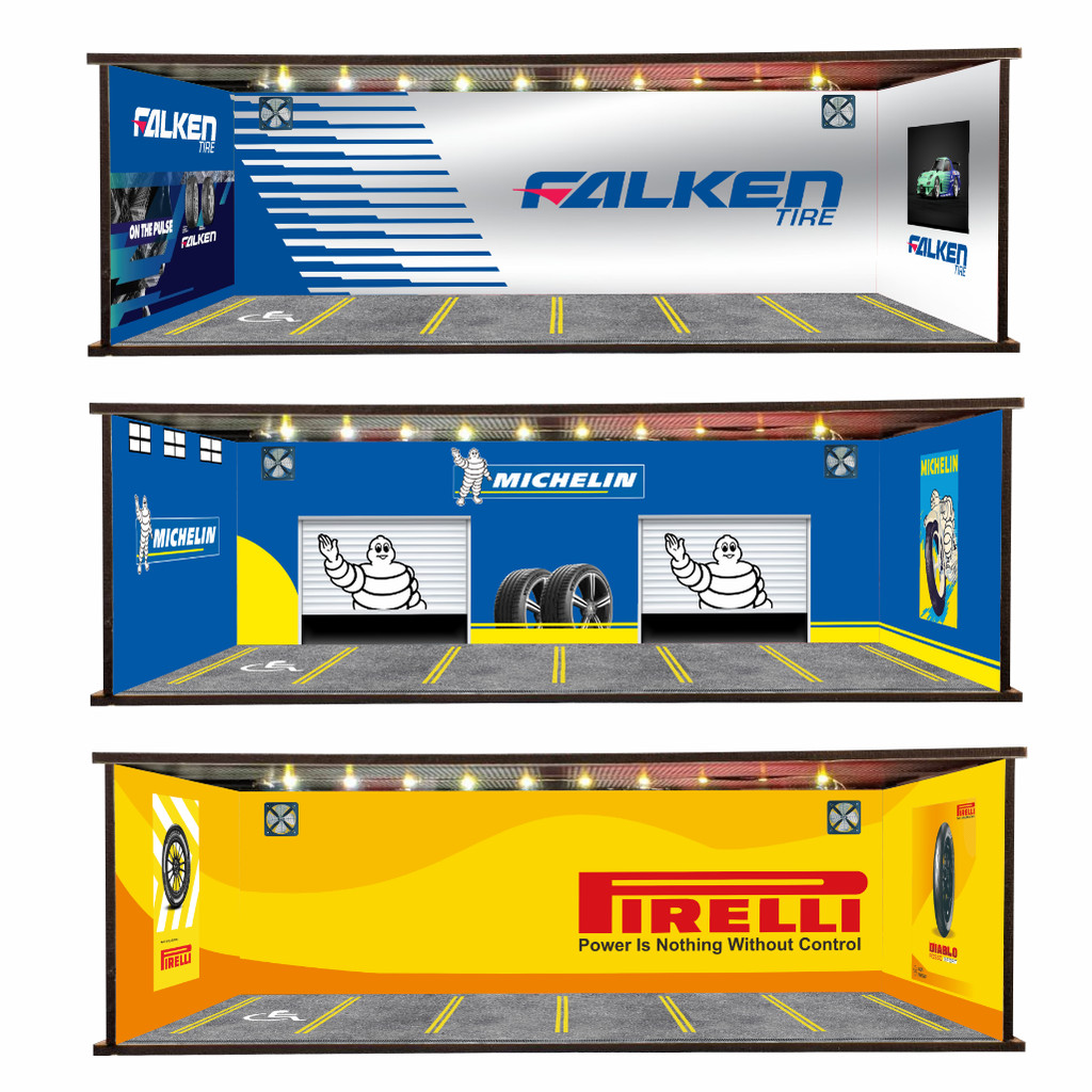 KRMK GARAGE DIORAMA GARAGE 1/64 PIRELLI MICHELIN FALKEN TIRES WITH LED ...