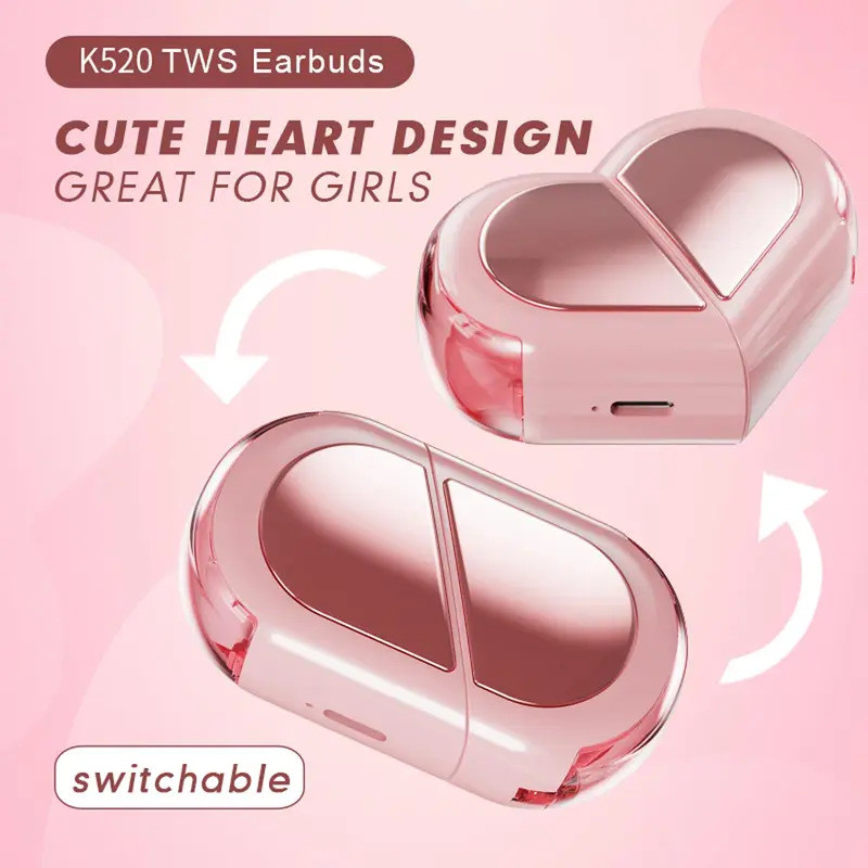 Pink Heart Wireless Earphones Cute Invisible Women Rose Gold Bluetooth ...