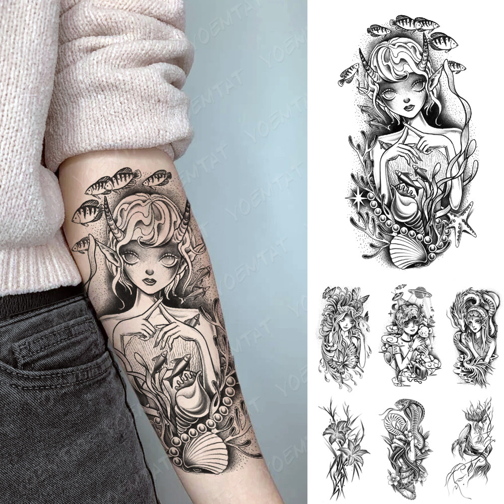 Waterproof Temporary Tattoo Sticker Cartoon Satan Girl Mermaid Pearly ...