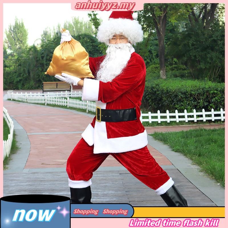 New Christmas Santa Claus Cosplay Costume Beard Lots Men Velvet Clothes ...