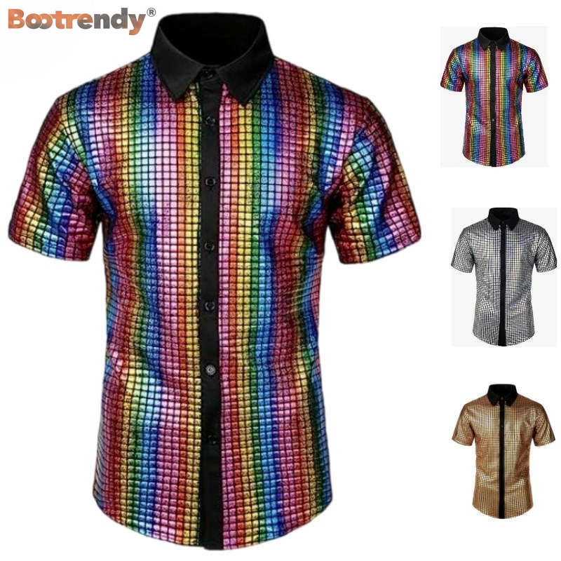 Men's Disco Shirts Short Sleeve Oversize Casual Regular Print Shiny ...