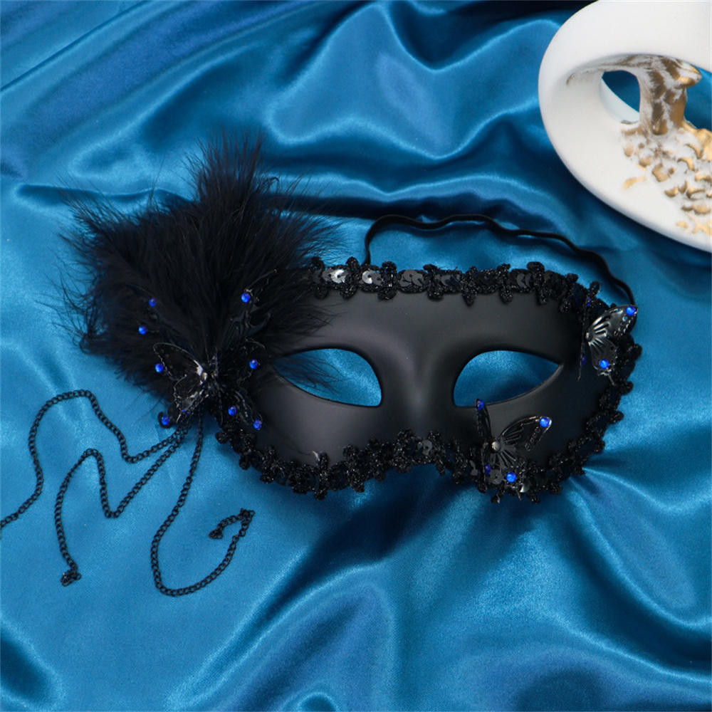 Half Face Mask Black Feather Tassel Diamond Encrusted Masquerade Mask ...