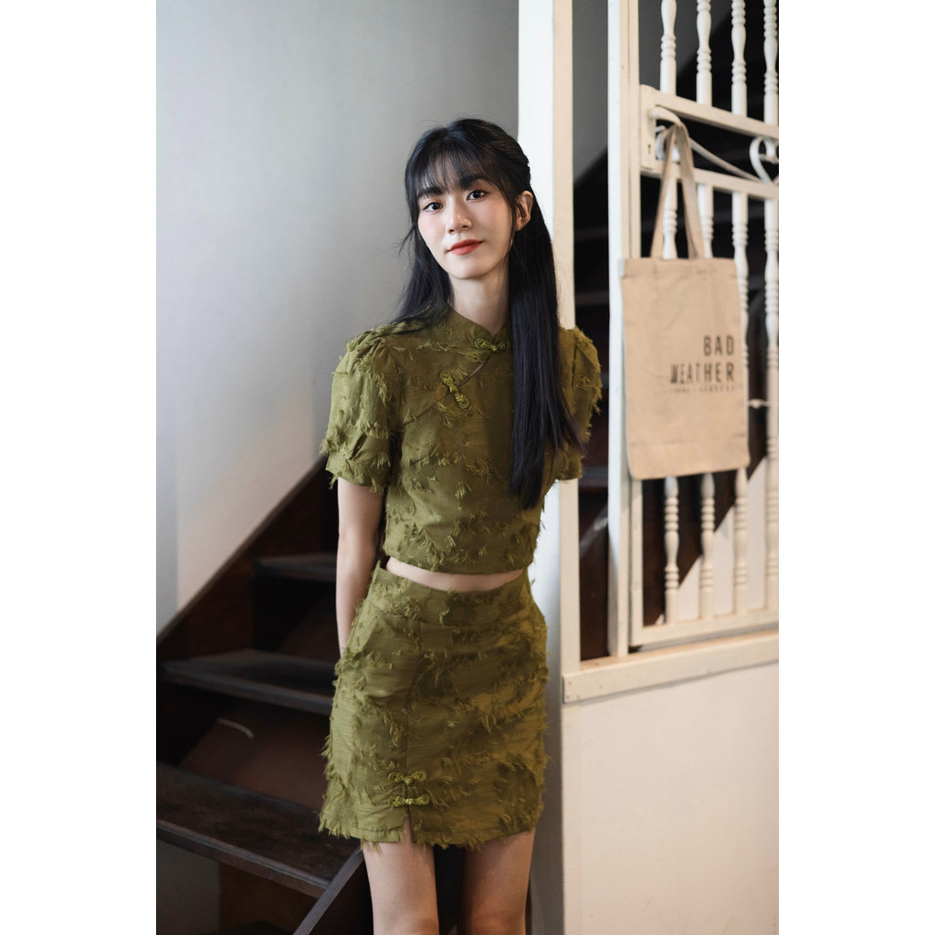 YANLI FURRY MANDARIN COLLAR TOP WITH SKIRT CO-ORD SET [MOSS GREEN ...