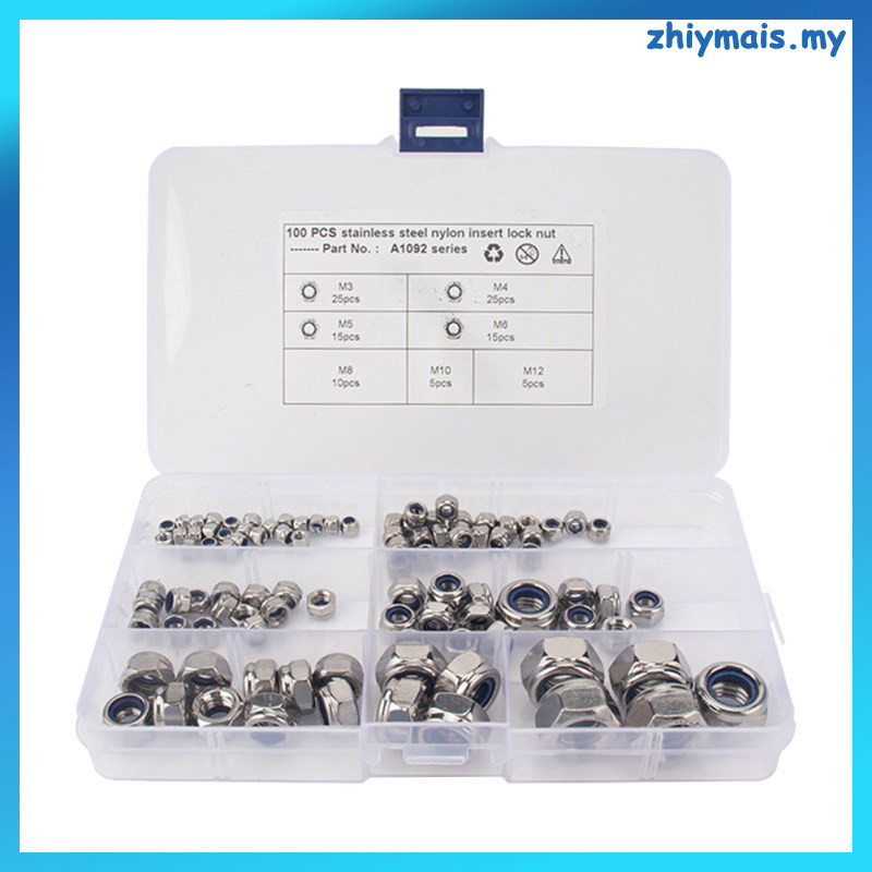 100 Pcs Nylon Lock Nut Locknut Connector Stainless Steel Automotive ...