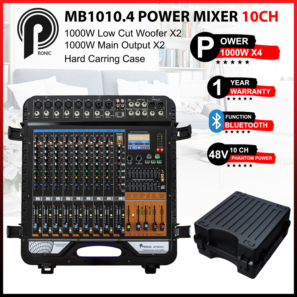 PRONIC 10 Channel Power Mixer1000W x4 with Hard Case & Subwoofer Output ...
