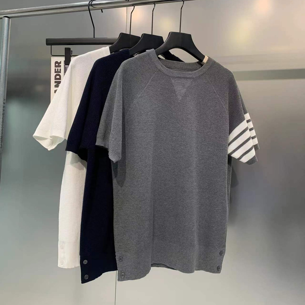 7WNJ Thom Browne Summer Waffle Four Stripes Round Neck Raglan Shoulder ...