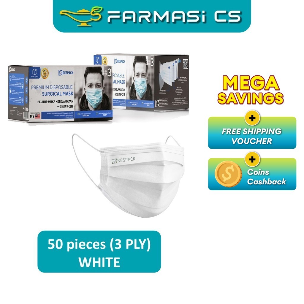 (WHITE) Respack 3 PLY Premium Disposable Surgical Mask - Ear Loop 50 ...